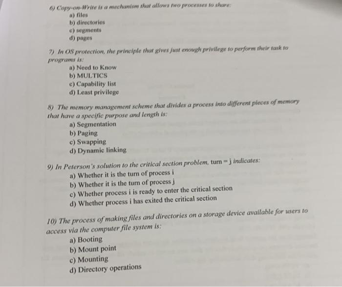 Solved 6) Copy-on-Write is a mechanism that allows fivo | Chegg.com