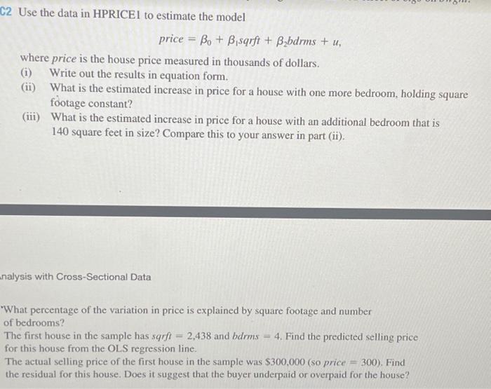 Use the data in HPRICEI to estimate the model price | Chegg.com
