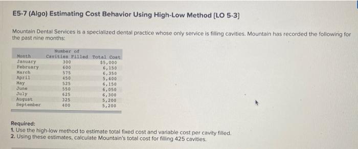 Solved E5-7 (Algo) Estimating Cost Behavior Using High-Low | Chegg.com