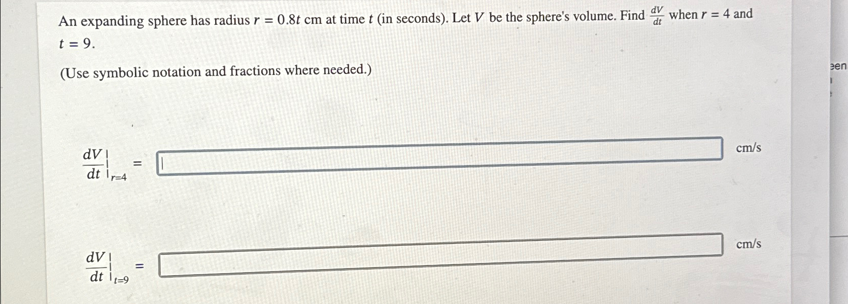 Solved An expanding sphere has radius r=0.8tcm ﻿at time | Chegg.com