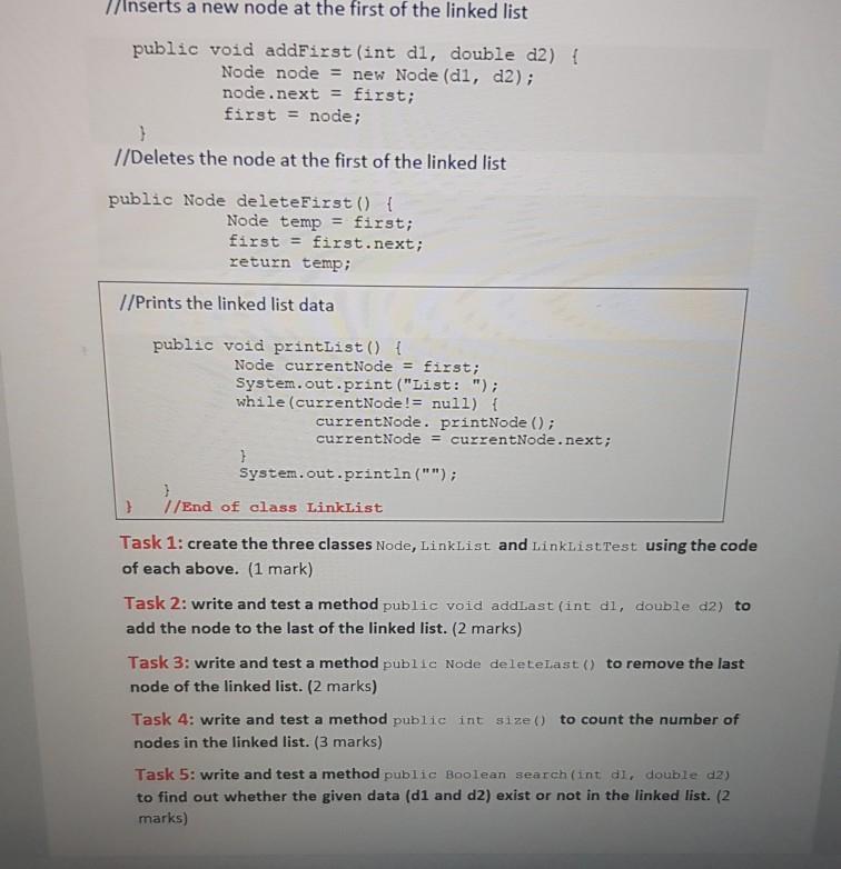 Solved Apply and test the Linked List implementation below: | Chegg.com