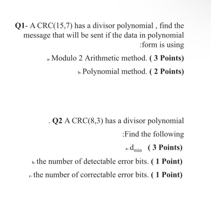 Solved Q1 A Crc 15 7 Has A Divisor Polynomial Find The