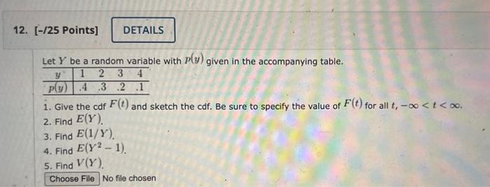 Solved Let Y be a random variable with p(y) given in the | Chegg.com