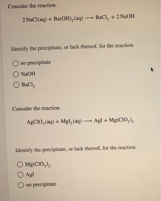 Solved Consider the reaction. 2 NaCl(aq) + Ba(OH)2(aq) — | Chegg.com