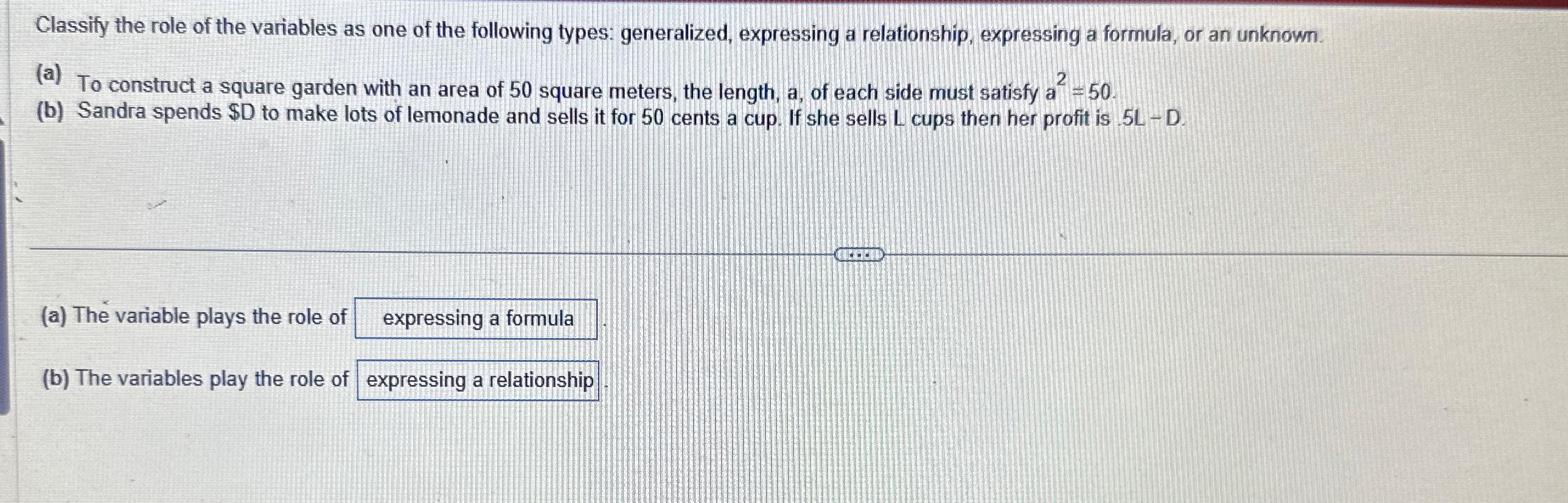 Solved Classify the role of the variables as one of the | Chegg.com