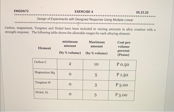 ENGDAT2 EXERCISE 4 05.23.22 Design of Experiments | Chegg.com