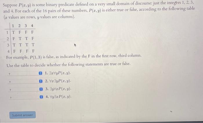 Solved Suppose \\( P(x, y) \\) is some binary predicate | Chegg.com