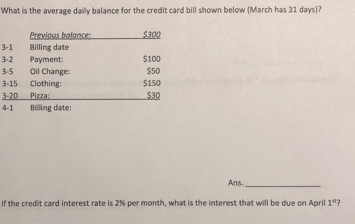 Solved What is the average daily balance for the credit card | Chegg.com