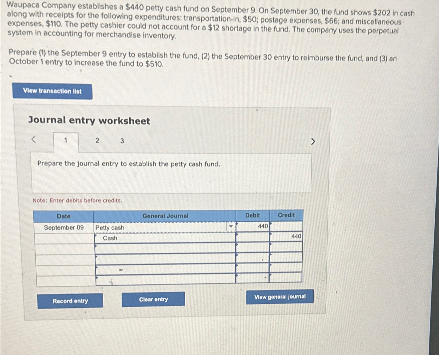 Solved Waupaca Company establishes a $440 ﻿petty cash fund | Chegg.com