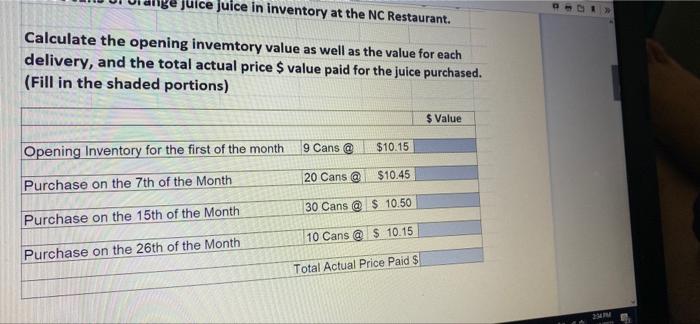 Solved uice juice in inventory at the NC Restaurant. | Chegg.com