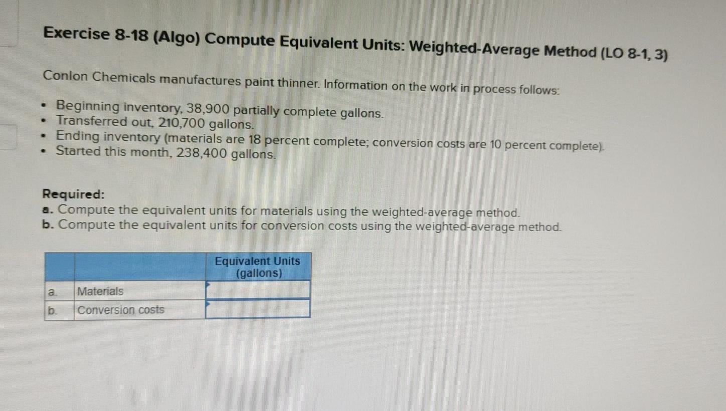 Solved Exercise 8-18 (Algo) Compute Equivalent Units: | Chegg.com