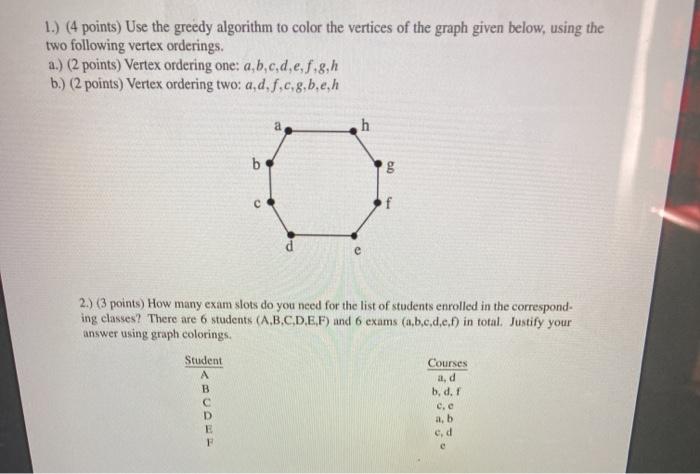 Solved 1.) (4 points) Use the greedy algorithm to color the | Chegg.com