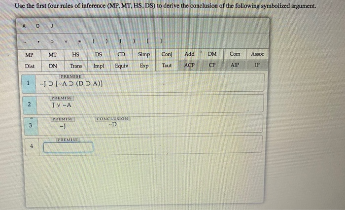 Solved Use the first four rules of inference (MP,MT,HS,DS) | Chegg.com