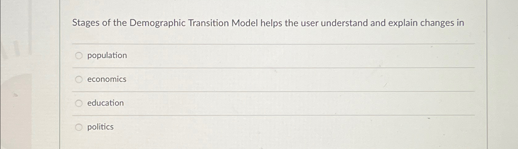 Solved Stages of the Demographic Transition Model helps the | Chegg.com