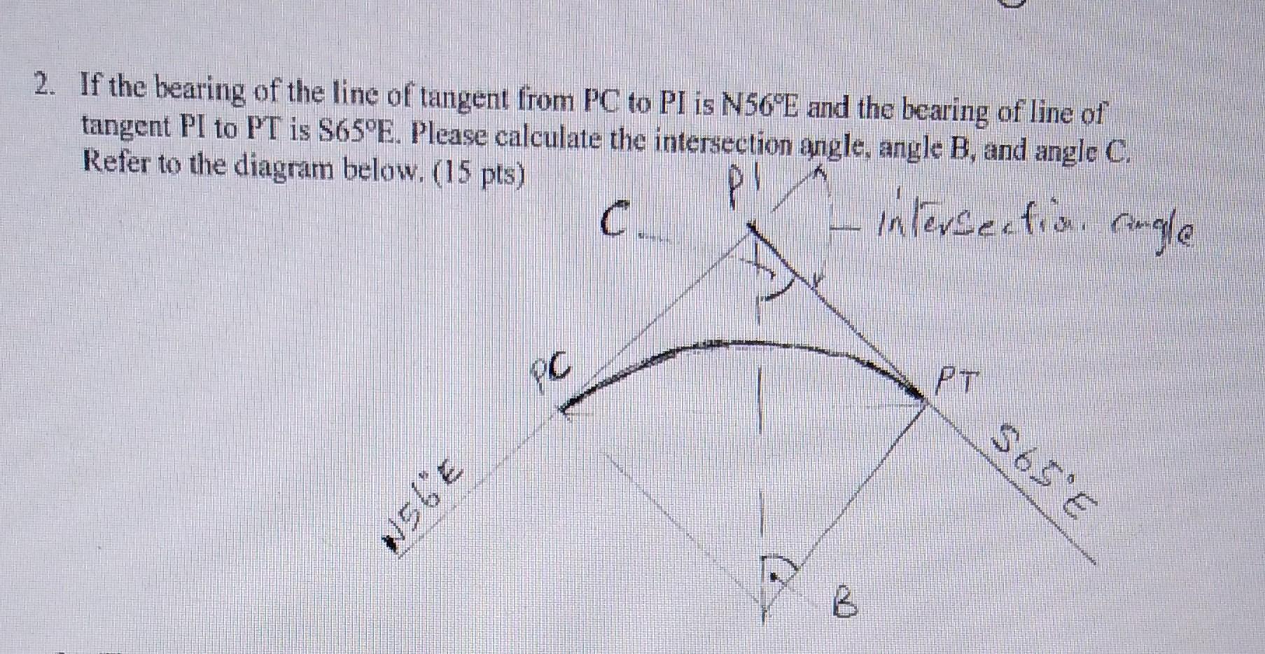 Solved If the bearing of the line of tangent from PC to PI | Chegg.com
