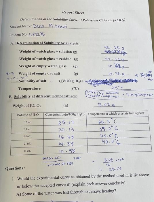 Solved Report Sheet Determination of the Solubility Curve of | Chegg.com