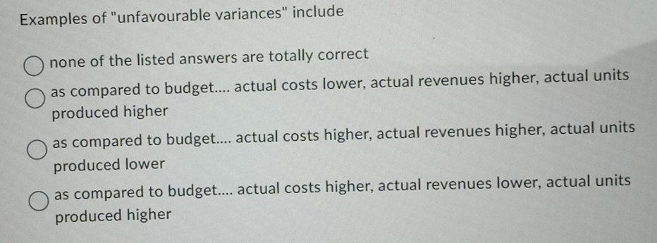 Solved Examples of "unfavourable variances" includenone of | Chegg.com