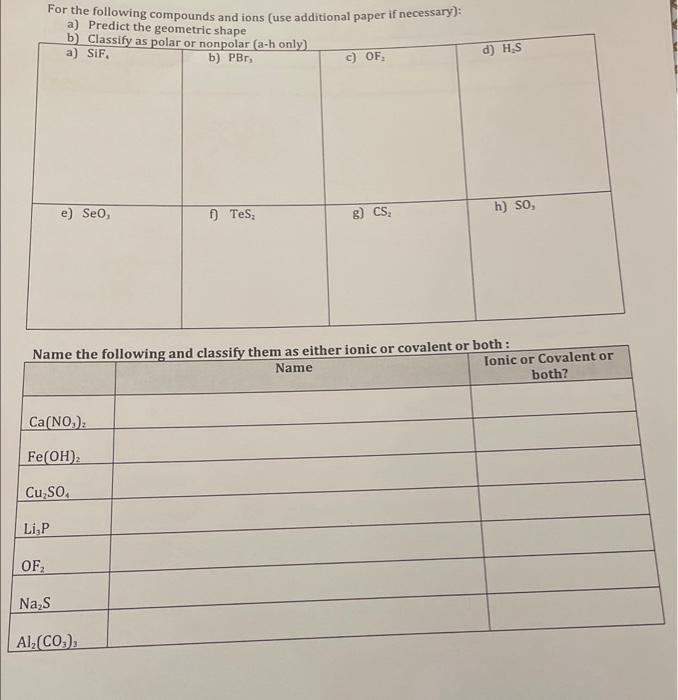Solved For the following compounds and ions (use additional | Chegg.com
