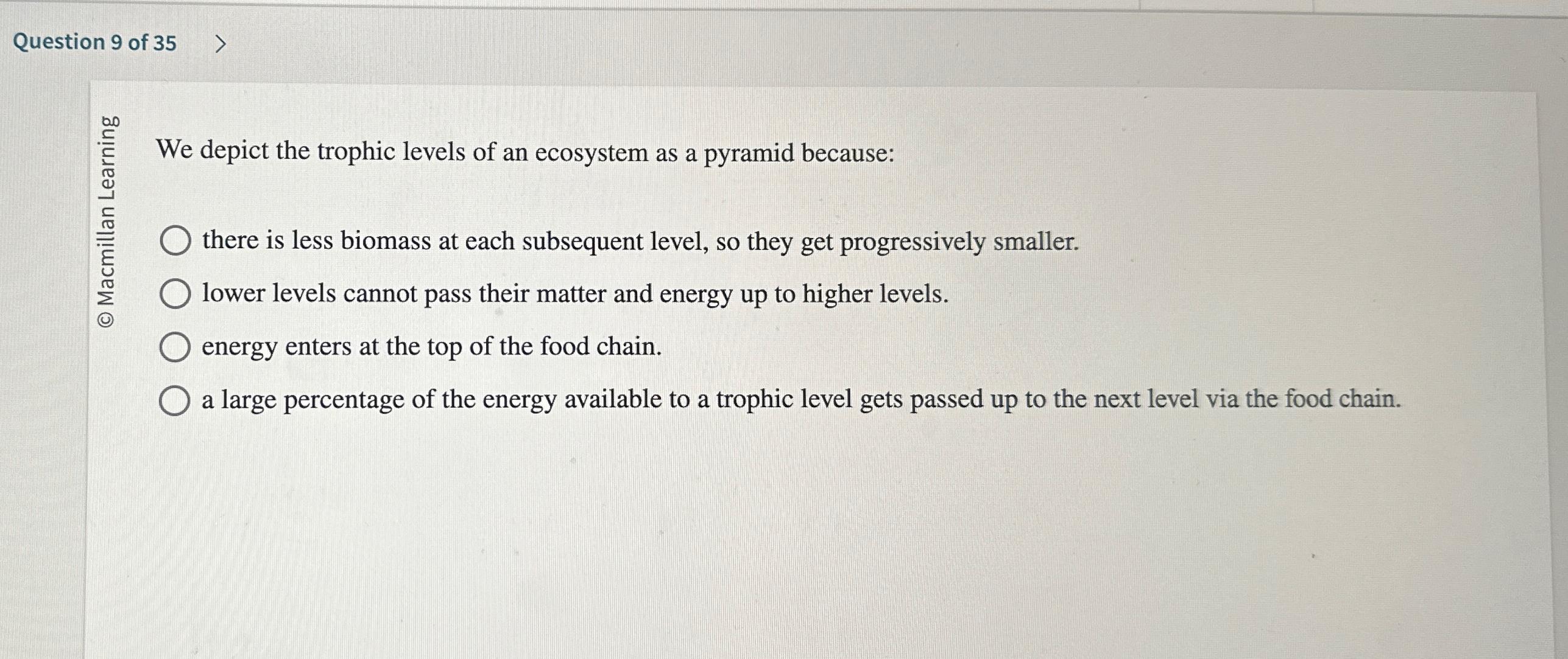 Solved Question 9 ﻿of 35We depict the trophic levels of an | Chegg.com