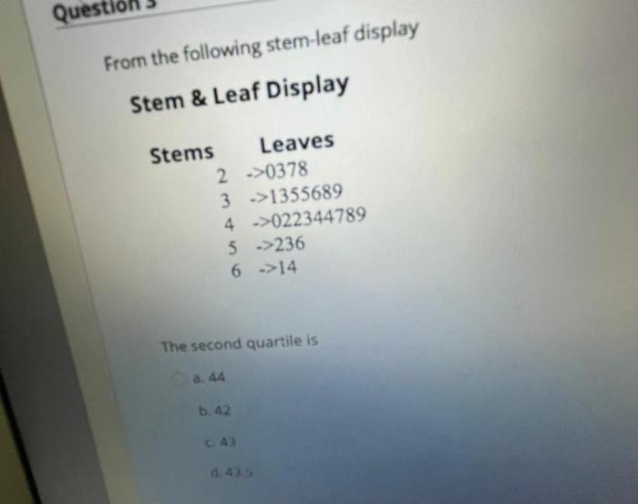 Solved Quest From the following stem-leaf display Stem & | Chegg.com