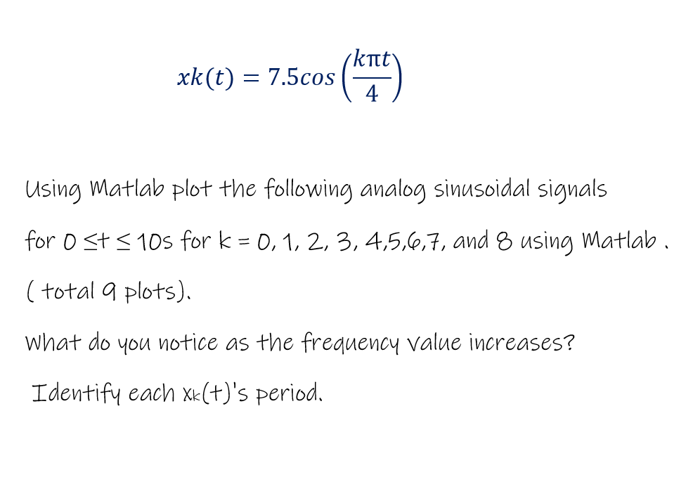 Solved xk(t)=7.5cos(4kπt) Using Matlab plot the following | Chegg.com