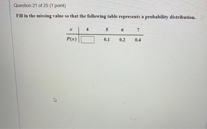 Solved Question 21 of 25 (1 point) Fill in the missing value | Chegg.com