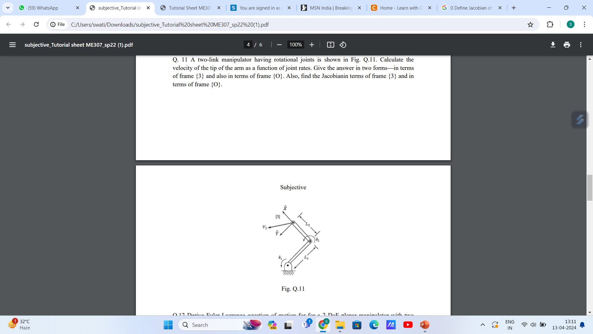 Solved Q. 11 ﻿A two-link manipulator having rotational | Chegg.com