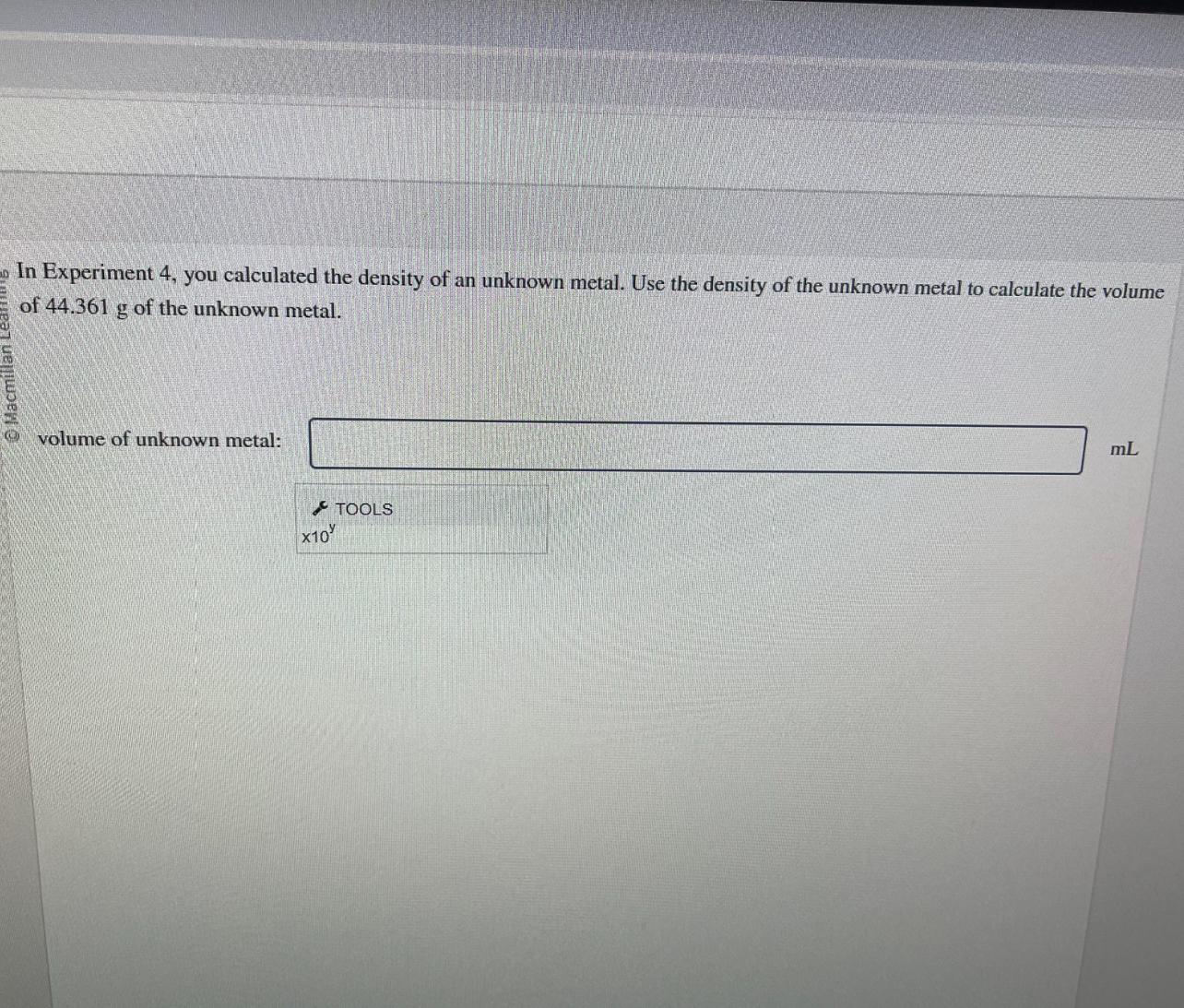 Solved Density of the unknown metal is 7.5g/ml | Chegg.com
