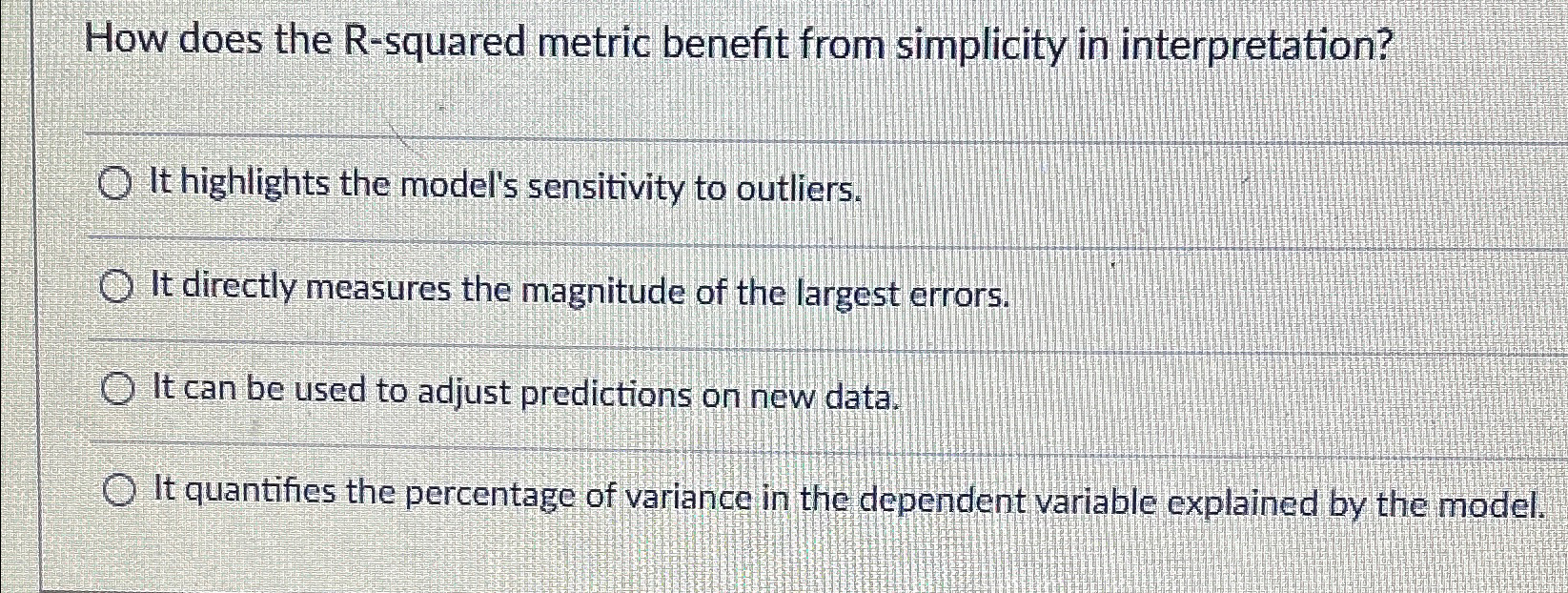Solved How does the R-squared metric benefit from simplicity | Chegg.com