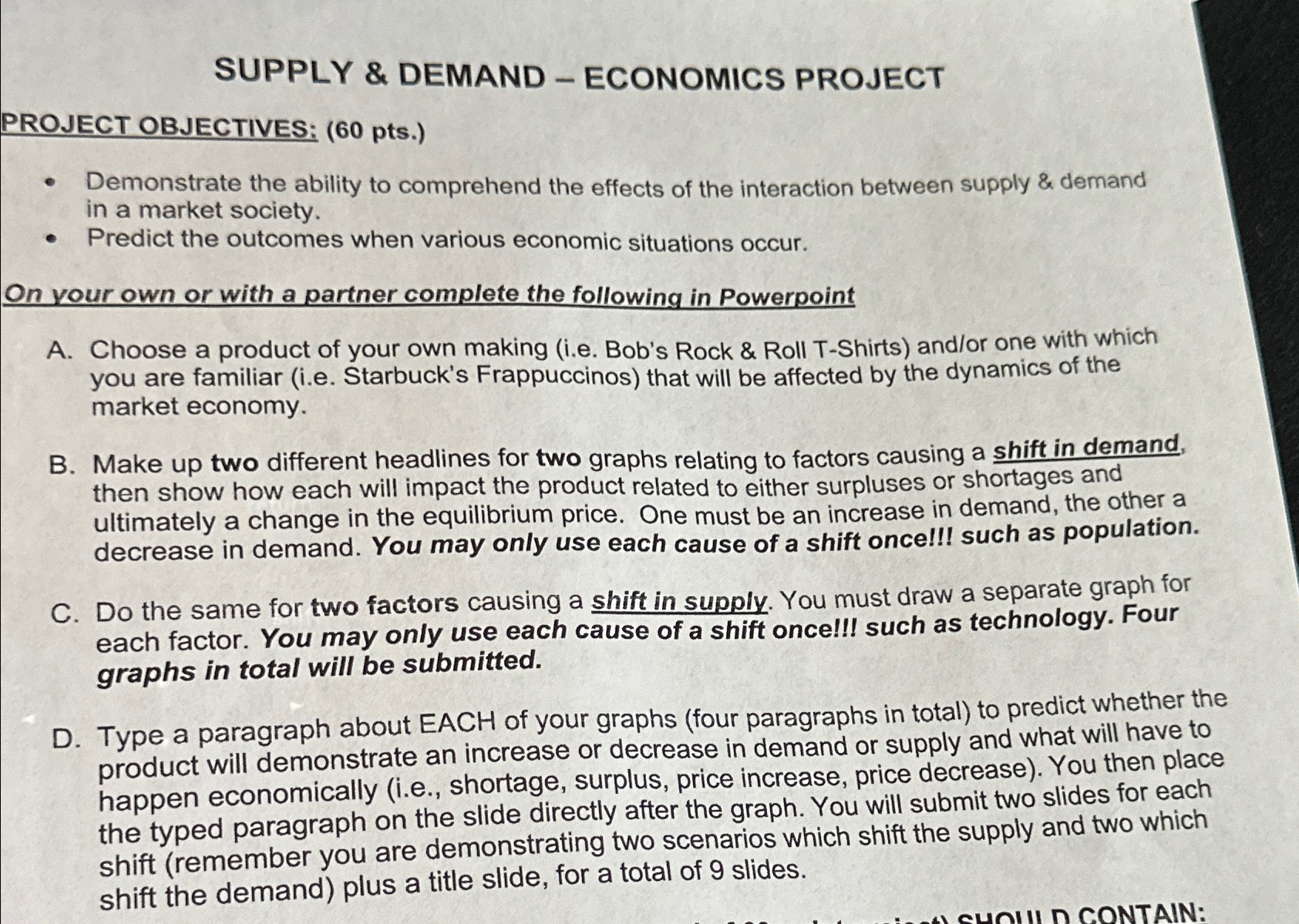 Solved SUPPLY & DEMAND - ﻿ECONOMICS PROJECTPROJECT | Chegg.com