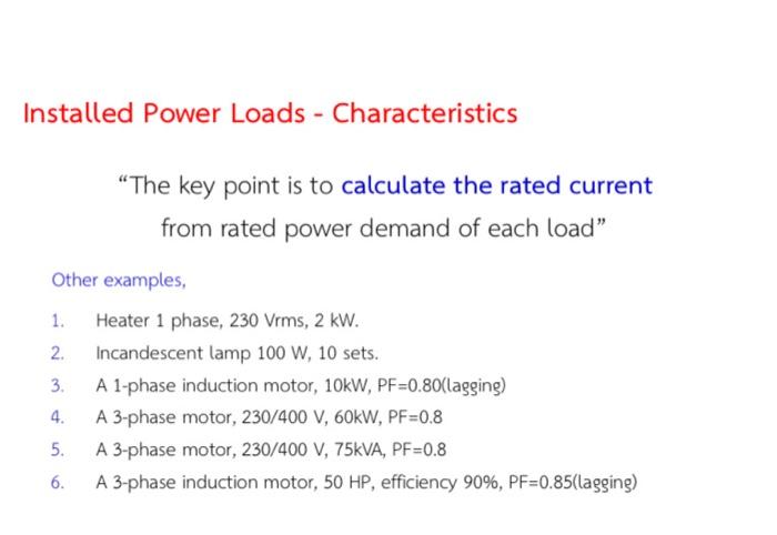 Solved Installed Power Loads - Characteristics "The key | Chegg.com
