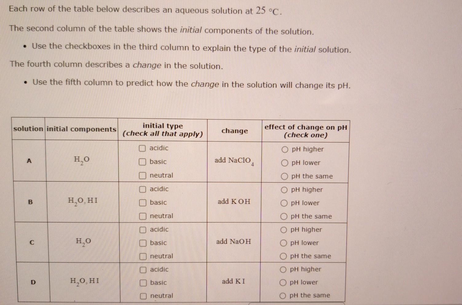 Solved Each row of the table below describes an aqueous | Chegg.com