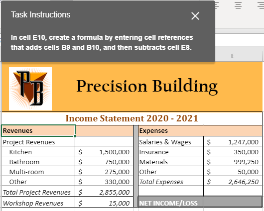 Solved In cell E10, ﻿create a formula by entering cell | Chegg.com