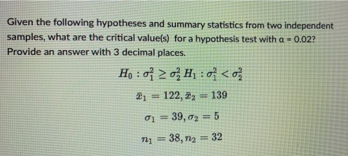 Solved Given the following hypotheses and summary statistics | Chegg.com