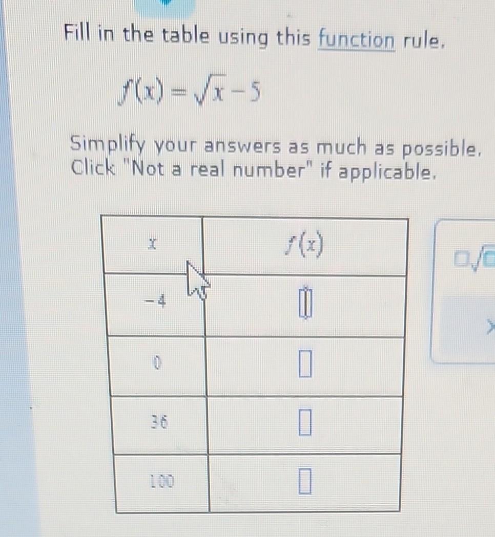 Solved Fill in the table using this function rule. f(x)=x−5 | Chegg.com