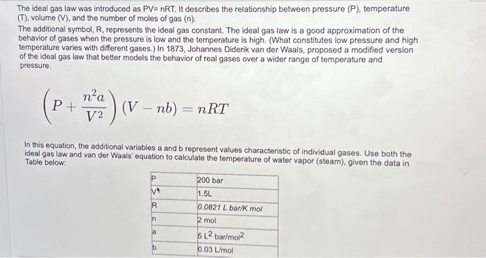 Solved The ideal gas law was introduced as PV=nRT. It | Chegg.com
