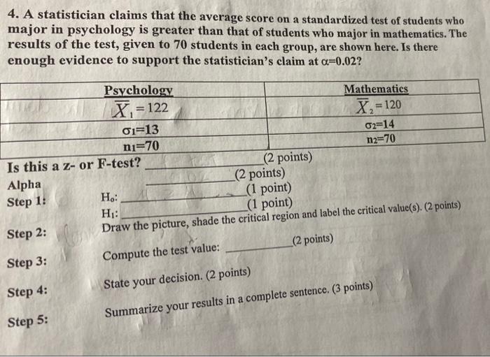 Solved 4. A statistician claims that the average score on a | Chegg.com