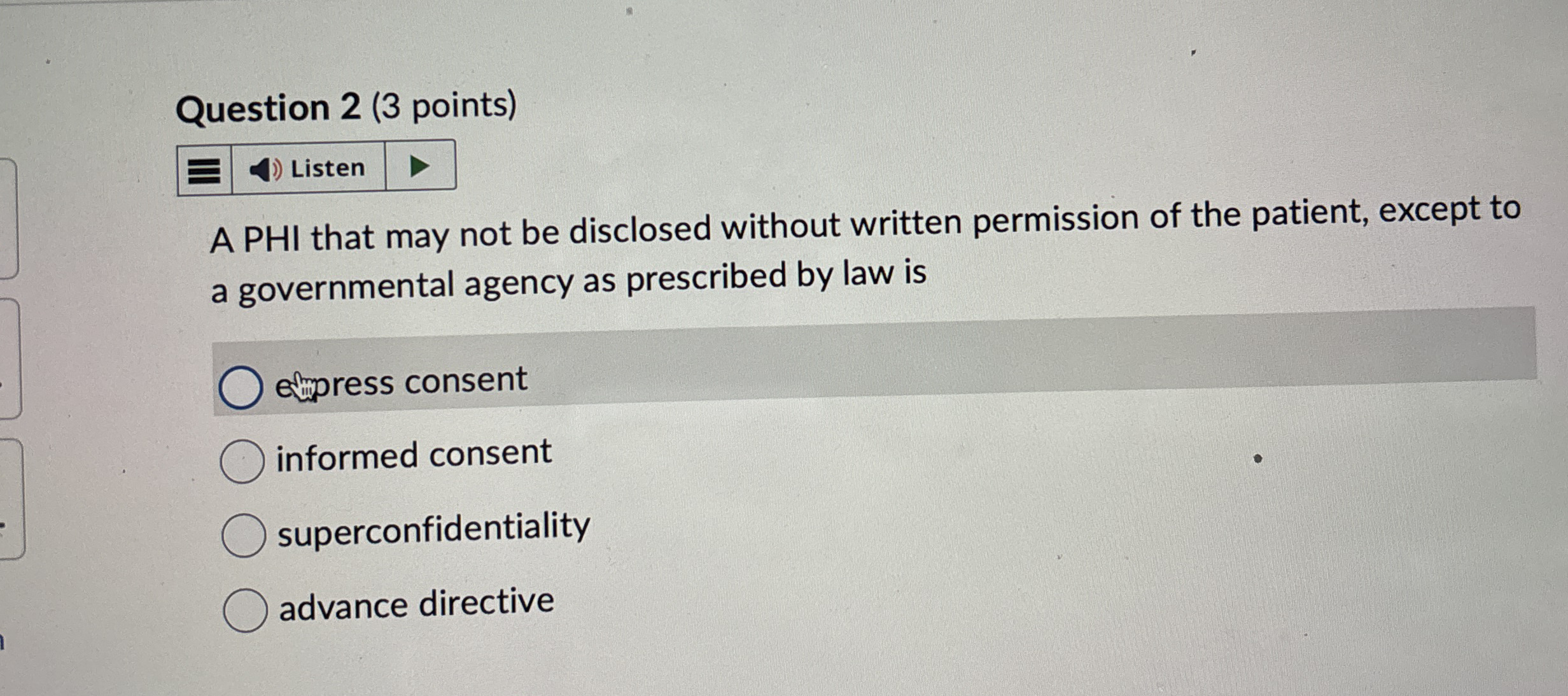 Solved Question 2 (3 ﻿points)A PHI that may not be disclosed | Chegg.com