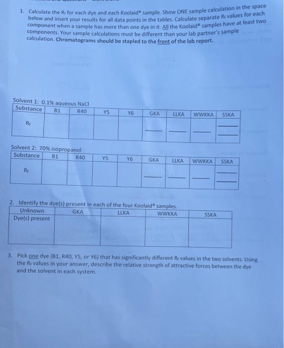 Solved 1. Calculate the R, for each dye and each Koolaid" | Chegg.com