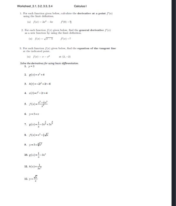 Solved 1. For each function gives below, calculute the | Chegg.com