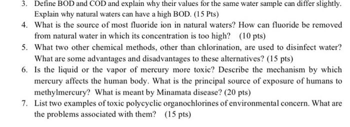 Solved 3. Define BOD and COD and explain why their values | Chegg.com