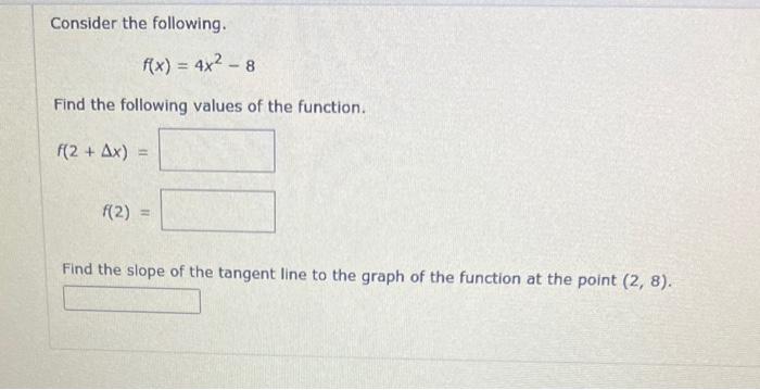 Solved Consider the following. f(x)=4x2−8 Find the following | Chegg.com