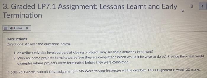 Solved 3. Graded LP7.1 Assignment: Lessons Learnt and Early | Chegg.com