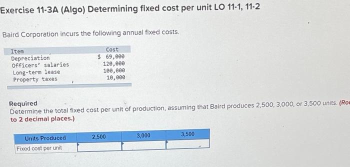 Solved Exercise 11-3A (Algo) Determining fixed cost per unit | Chegg.com