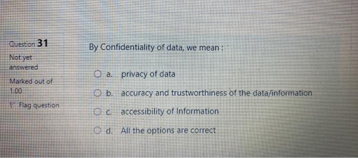 Solved Question 31 By Confidentiality of data, we mean: Not | Chegg.com