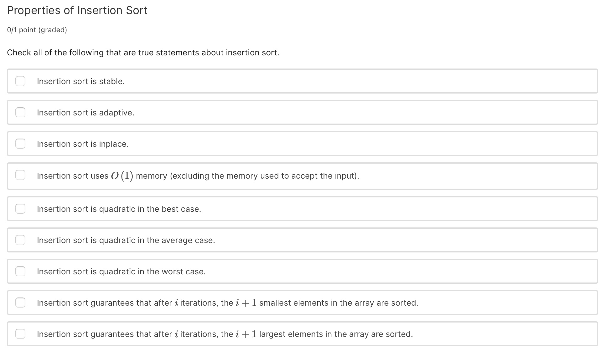 Solved Properties of Insertion SortCheck all of the | Chegg.com
