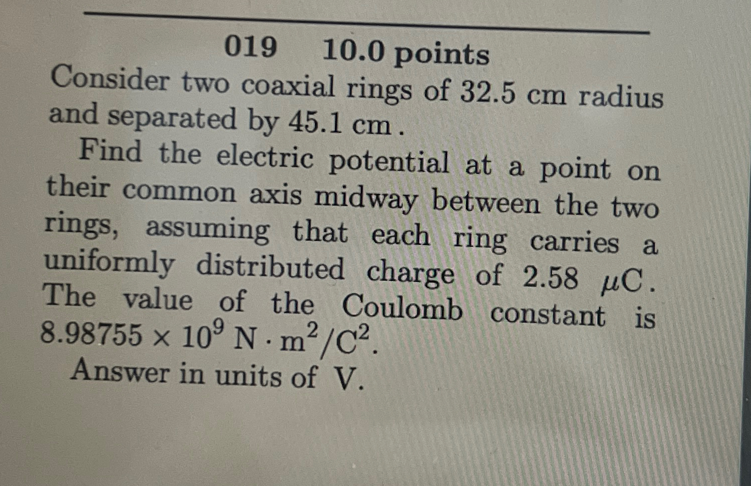 Solved 019,10.0 points\\nConsider two coaxial rings of | Chegg.com