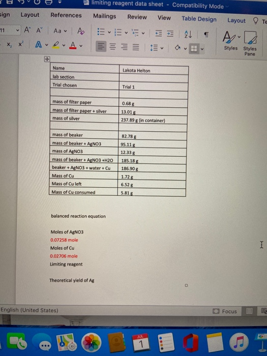 Solved limiting reagent data sheet - Compatibility Mode | Chegg.com
