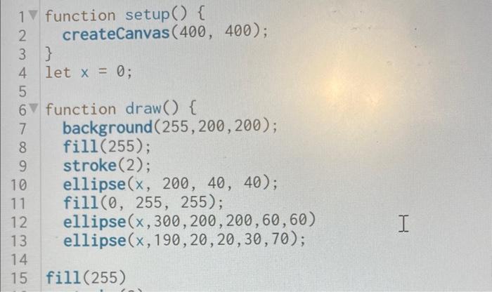 Solved function setup()\{ createCanvas (400,400); let x=0; | Chegg.com