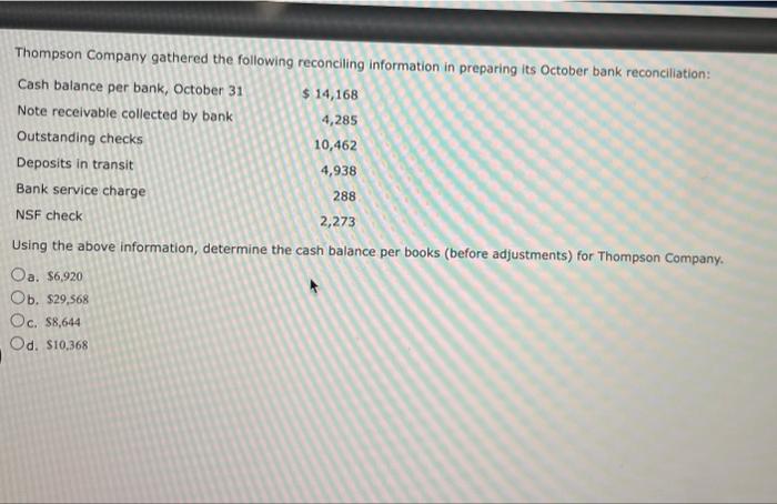 Solved Thompson Company gathered the following reconciling | Chegg.com
